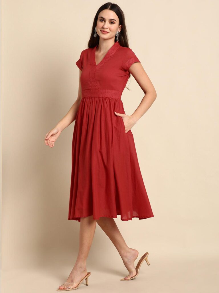 Rust Cotton Solid Flared Western Dress - SHREEM