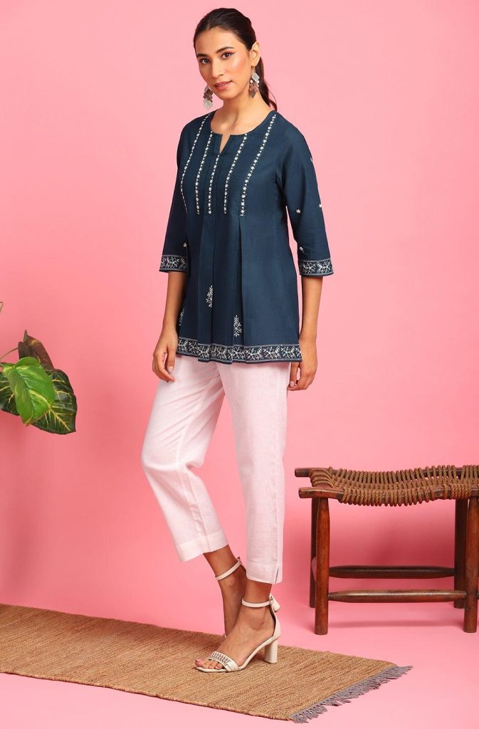 Navy Blue Cotton Embroidered Trapeze Tunic - SHREEM.COM.NP